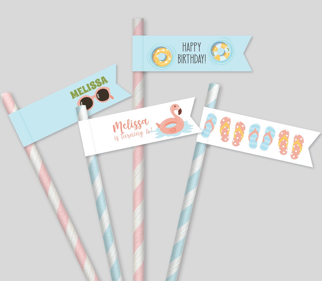 Pool Party Birthday Straw Flags DIGITAL | Beach Summer Pink Party Paper ...