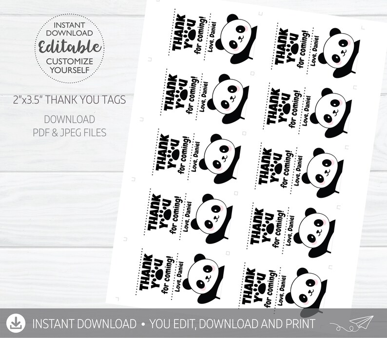Panda Birthday Thank You Tag DIGITAL Panda Party Favor Tag - Etsy