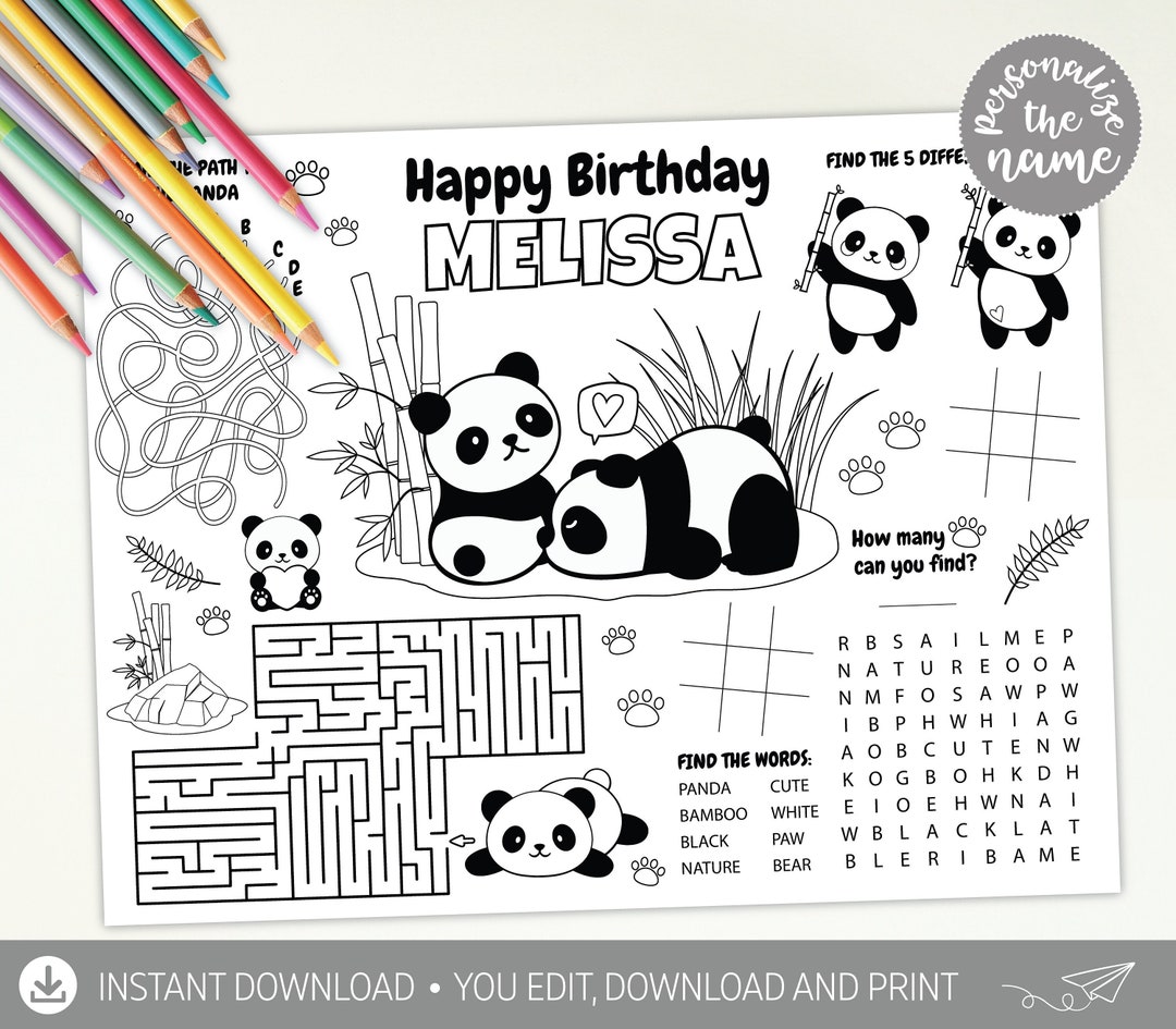 Panda Coloring Placemat DIGITAL Cute Panda Activity Kids - Etsy