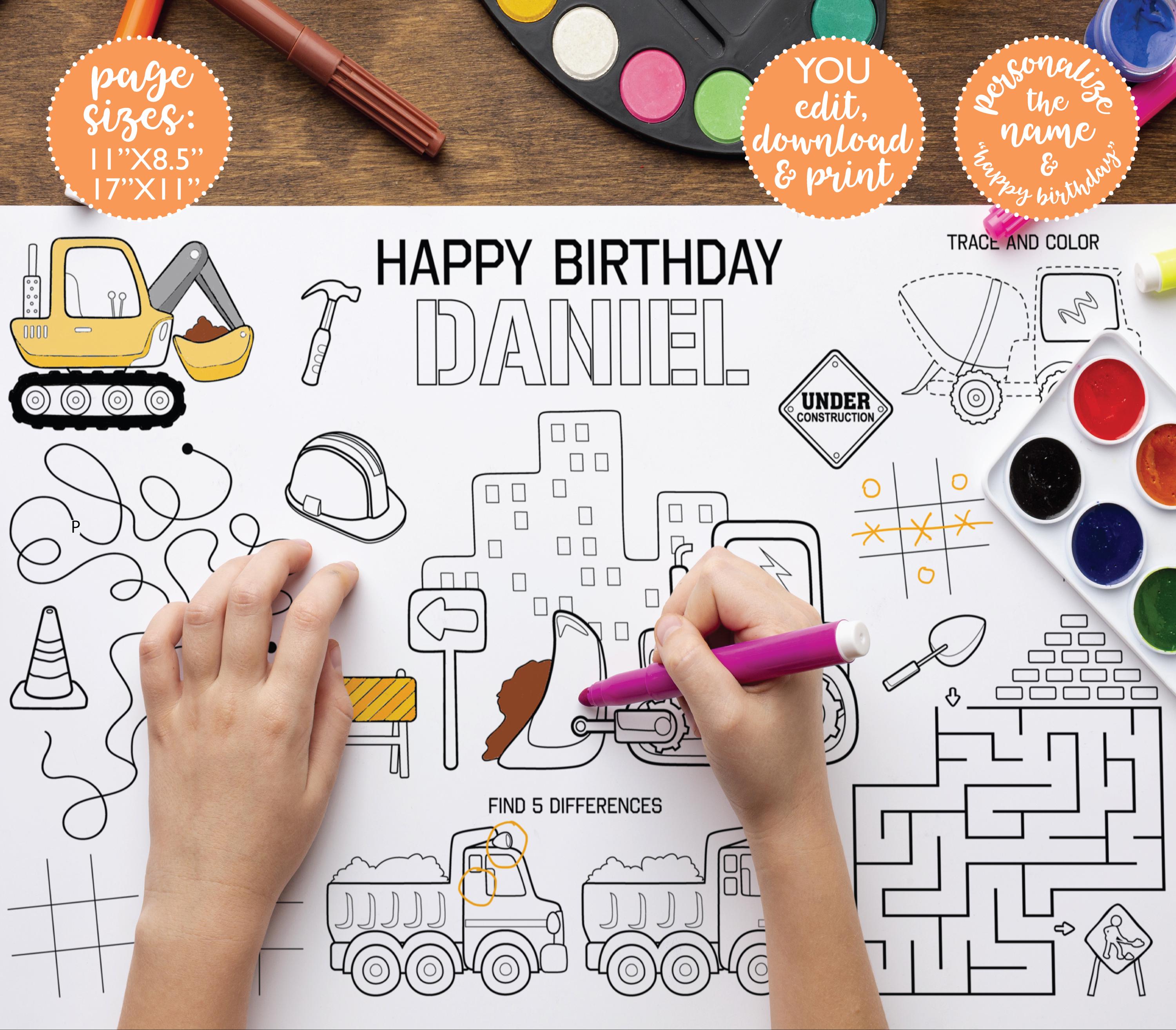 Construction Coloring Placemat DIGITAL | Builder Party Activity Sheet ...