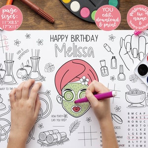 Spa Coloring Placemat DIGITAL | Pamper and Makeup Party Activity Sheet ...