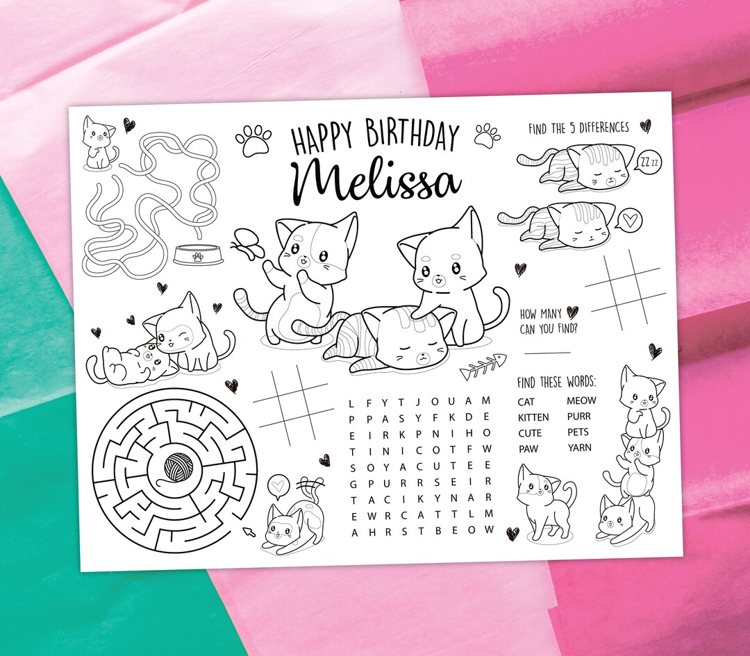 Kitten Coloring Placemat DIGITAL | Cat Party Activity | Kids Coloring ...