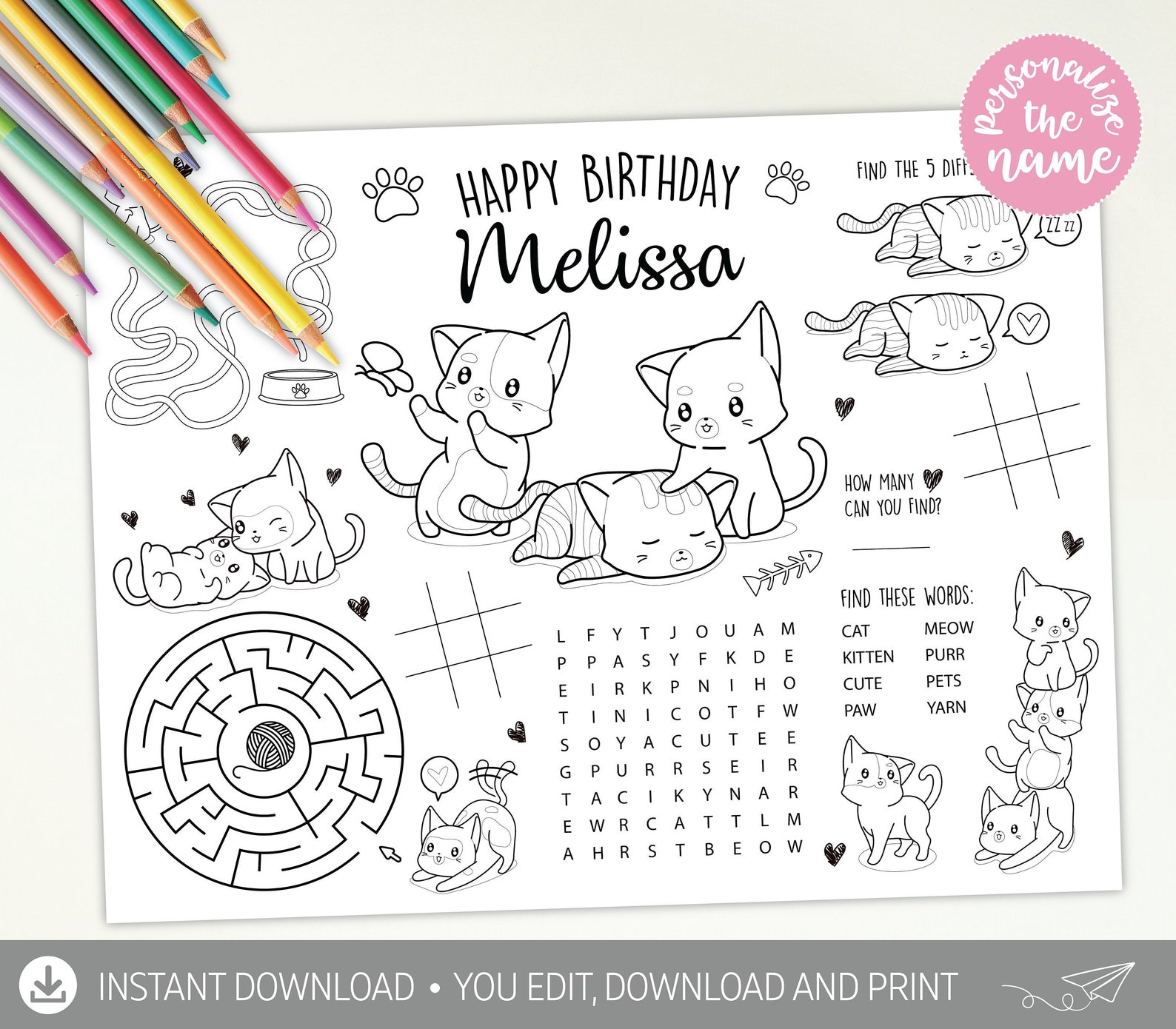Kitten Coloring Placemat DIGITAL Cat Party Activity Kids - Etsy