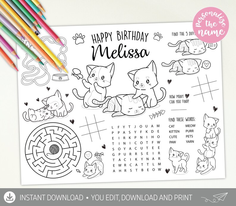 Kitten Coloring Placemat DIGITAL Cat Party Activity Kids - Etsy