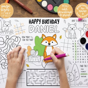 Woodland Fox Coloring Placemat DIGITAL | Autumn Party Activity | Kids ...