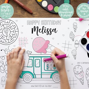 Ice Cream Truck Coloring Placemat DIGITAL | Party Activity | Kids ...