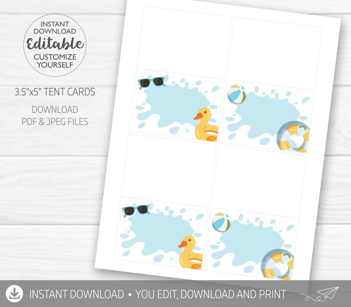 Pool Party Birthday Tent Cards DIGITAL Beach Summer Blue - Etsy