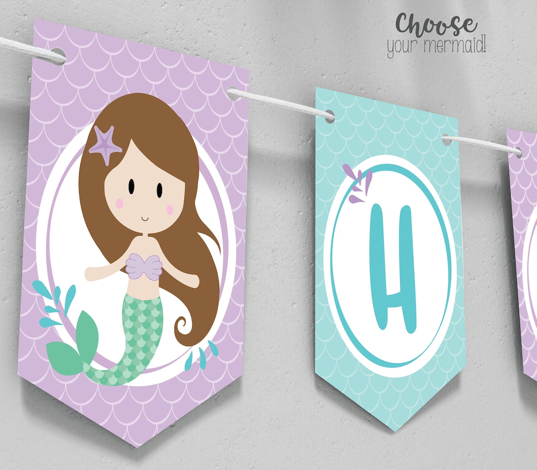 Mermaid Happy Birthday Banner DIGITAL | Cute Mermaid Party Decoration ...