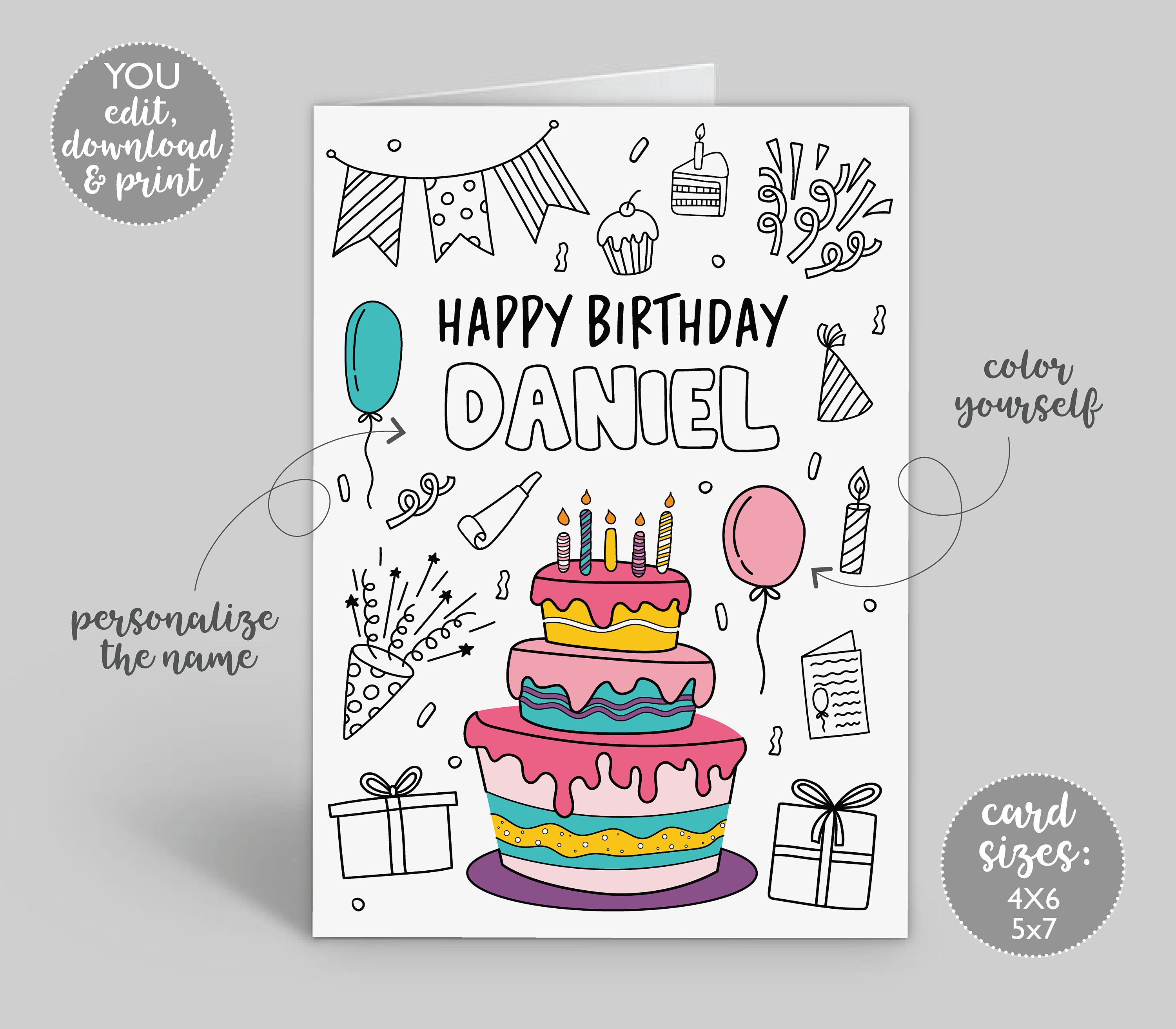 Happy Birthday Coloring Card DIGITAL | Colouring Greeting Card for Kids ...
