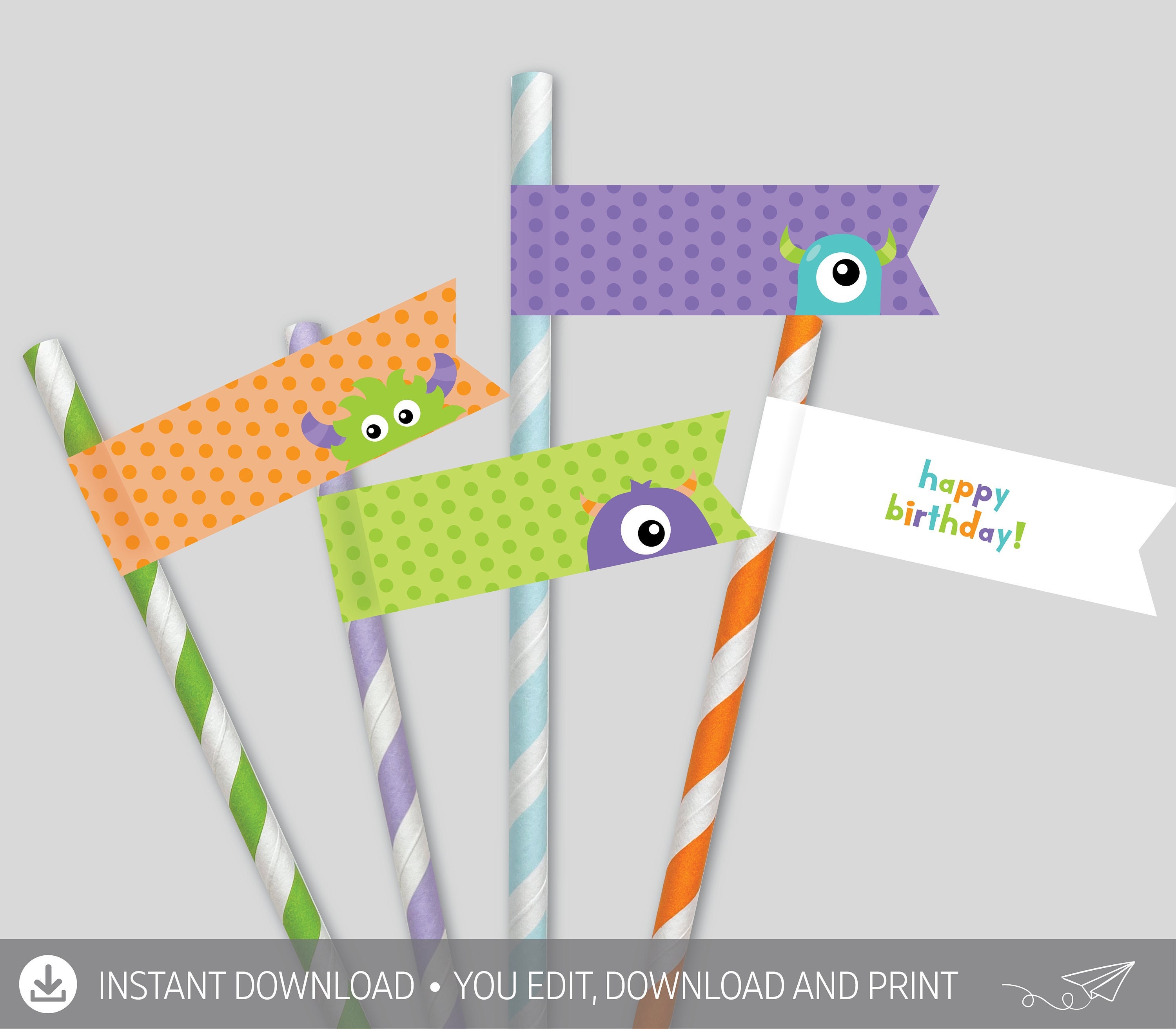 Monster Birthday Straw Flags DIGITAL Little Monster Party | Etsy