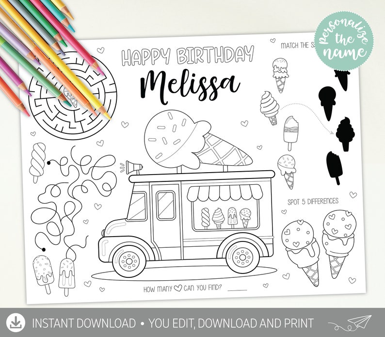 Ice Cream Truck Coloring Placemat DIGITAL Party Activity - Etsy