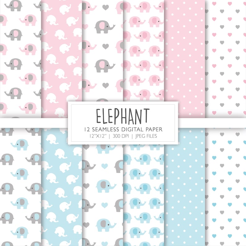 Elephant Seamless Digital Paper | Pink and Blue Background Pattern ...