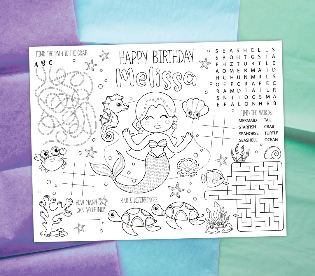Mermaid Coloring Placemat DIGITAL | Sea Life Party Activity | Kids ...
