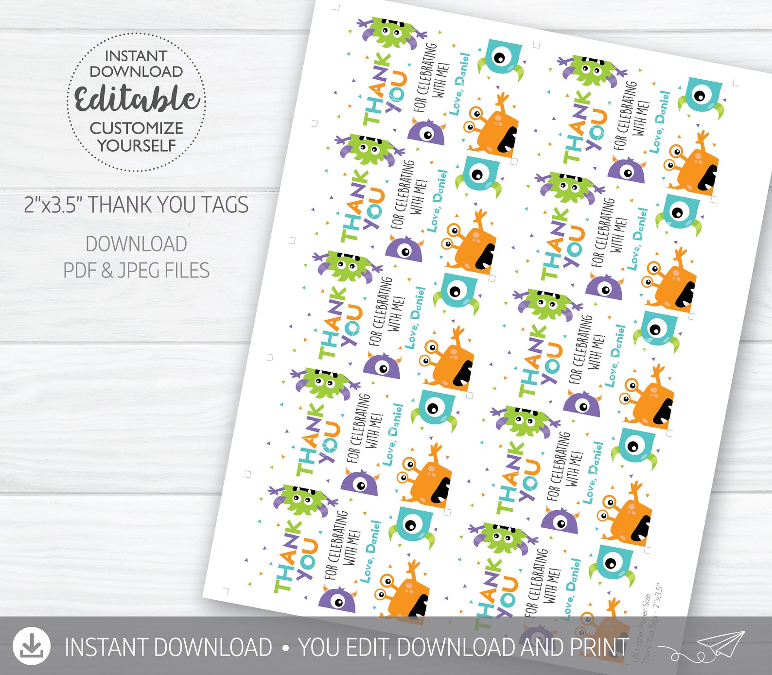 Monster Birthday Thank You Tag DIGITAL Little Monster Party - Etsy