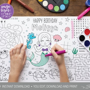 Mermaid Coloring Placemat DIGITAL Sea Life Party Activity - Etsy