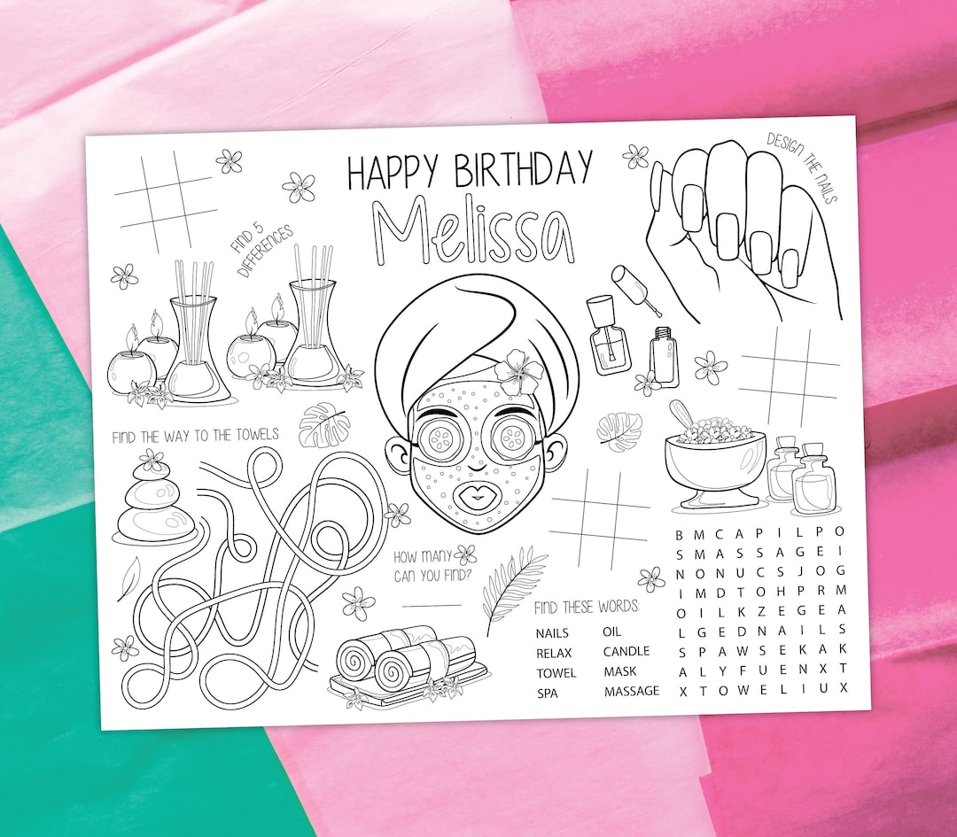 Spa Coloring Placemat DIGITAL | Pamper and Makeup Party Activity Sheet ...