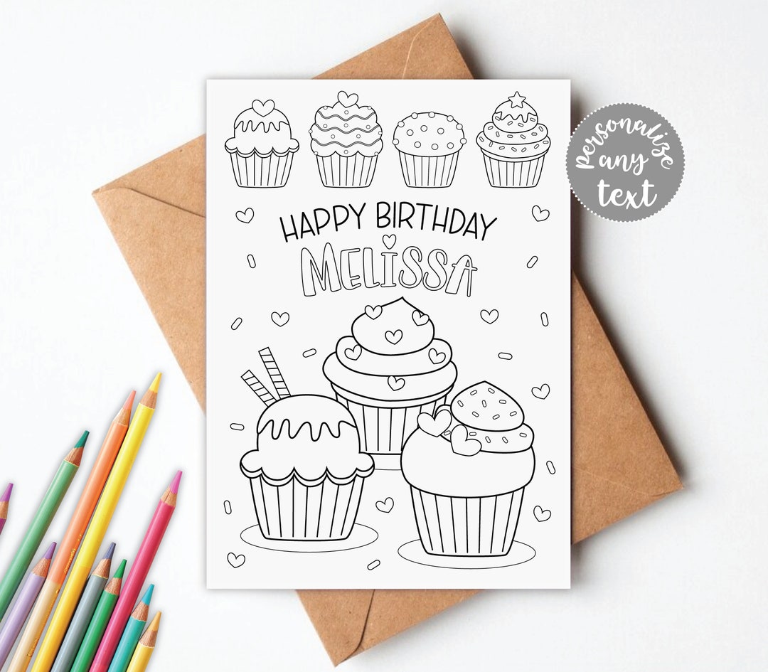 Cupcake Birthday Coloring Card DIGITAL | Colouring Greeting Card for ...