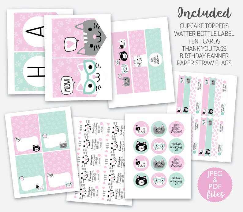 Kitten Birthday Party Kit DIGITAL | Cat Party Bundle Set | Personalized ...