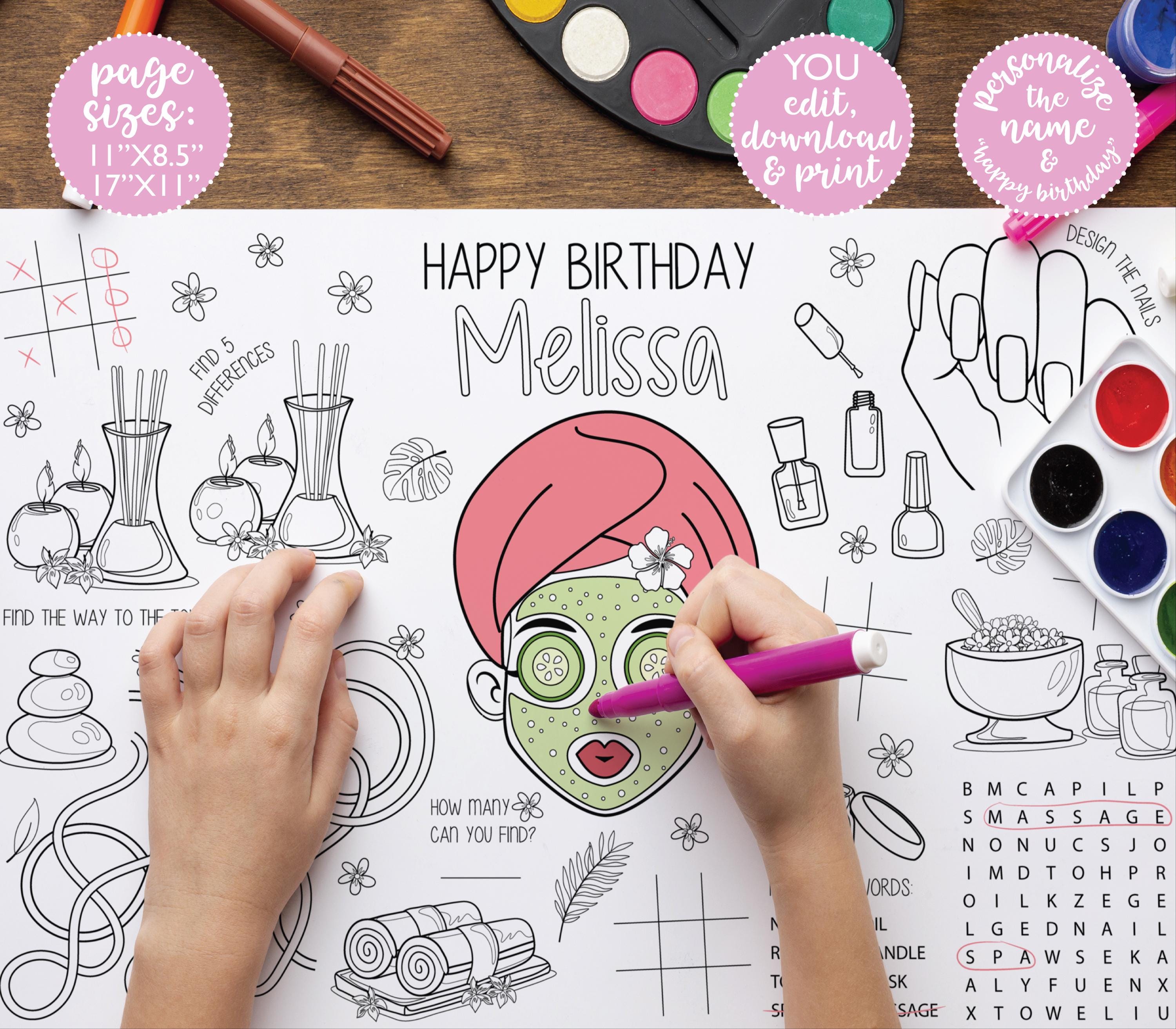 Spa Coloring Placemat DIGITAL | Pamper and Makeup Party Activity Sheet ...