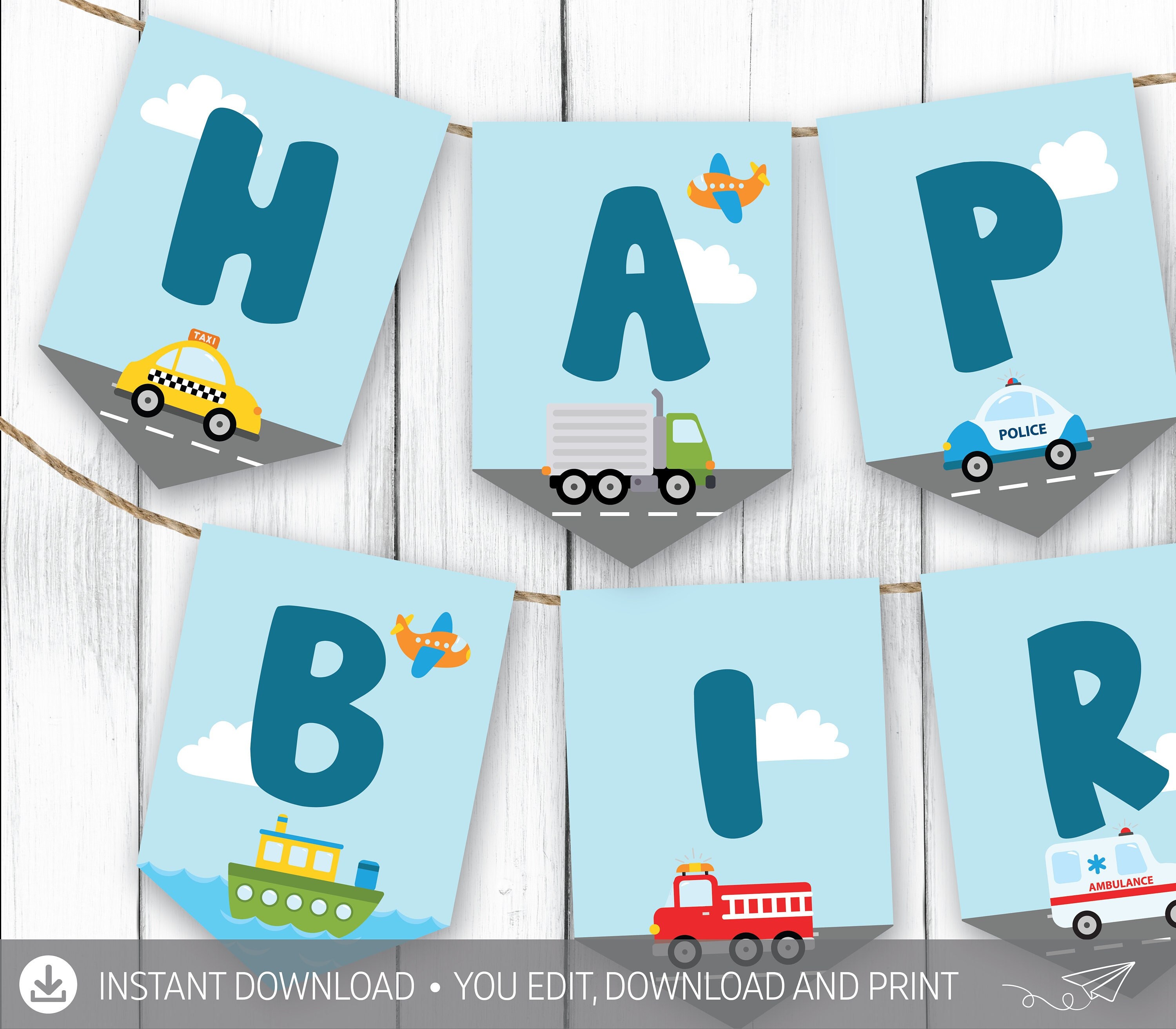 Transportation Happy Birthday Banner DIGITAL Transport - Etsy