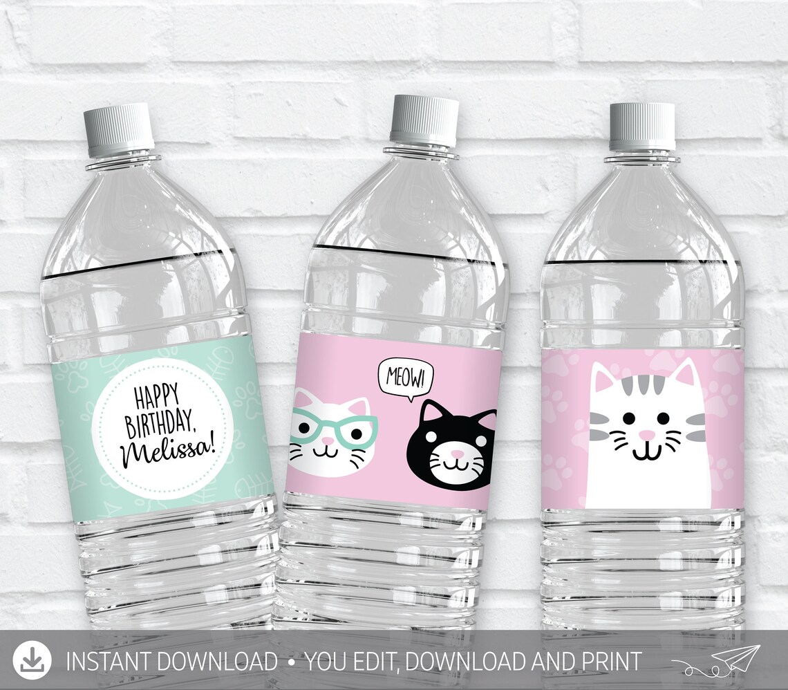 Kitten Birthday Bottle Label DIGITAL Cat Party Water Bottle - Etsy