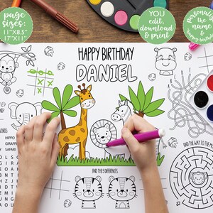 Safari Coloring Placemat DIGITAL Wild Animals Party Activity Sheet Kids ...