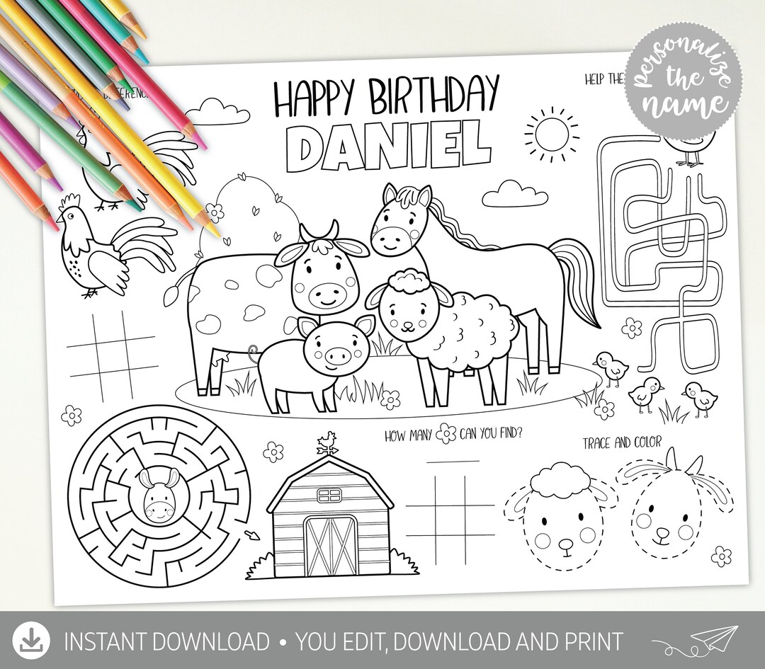 Farm Animals Coloring Placemat DIGITAL Barnyard Party - Etsy Canada