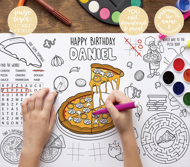 Pizza Coloring Placemat DIGITAL | Pizzeria Party Activity Sheet | Kids ...