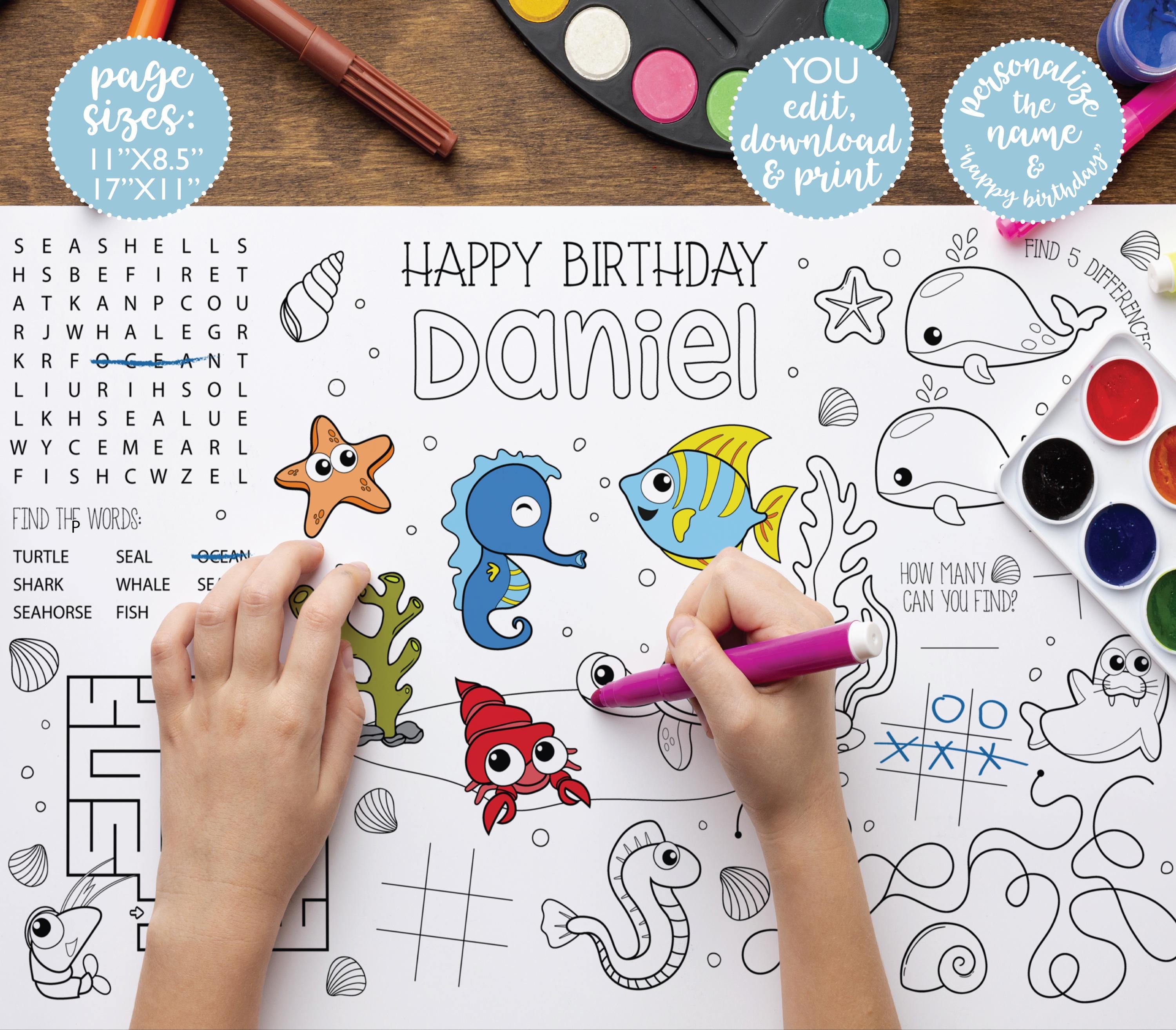 Sea Life Coloring Placemat DIGITAL | Underwater Birthday Party Sheet ...