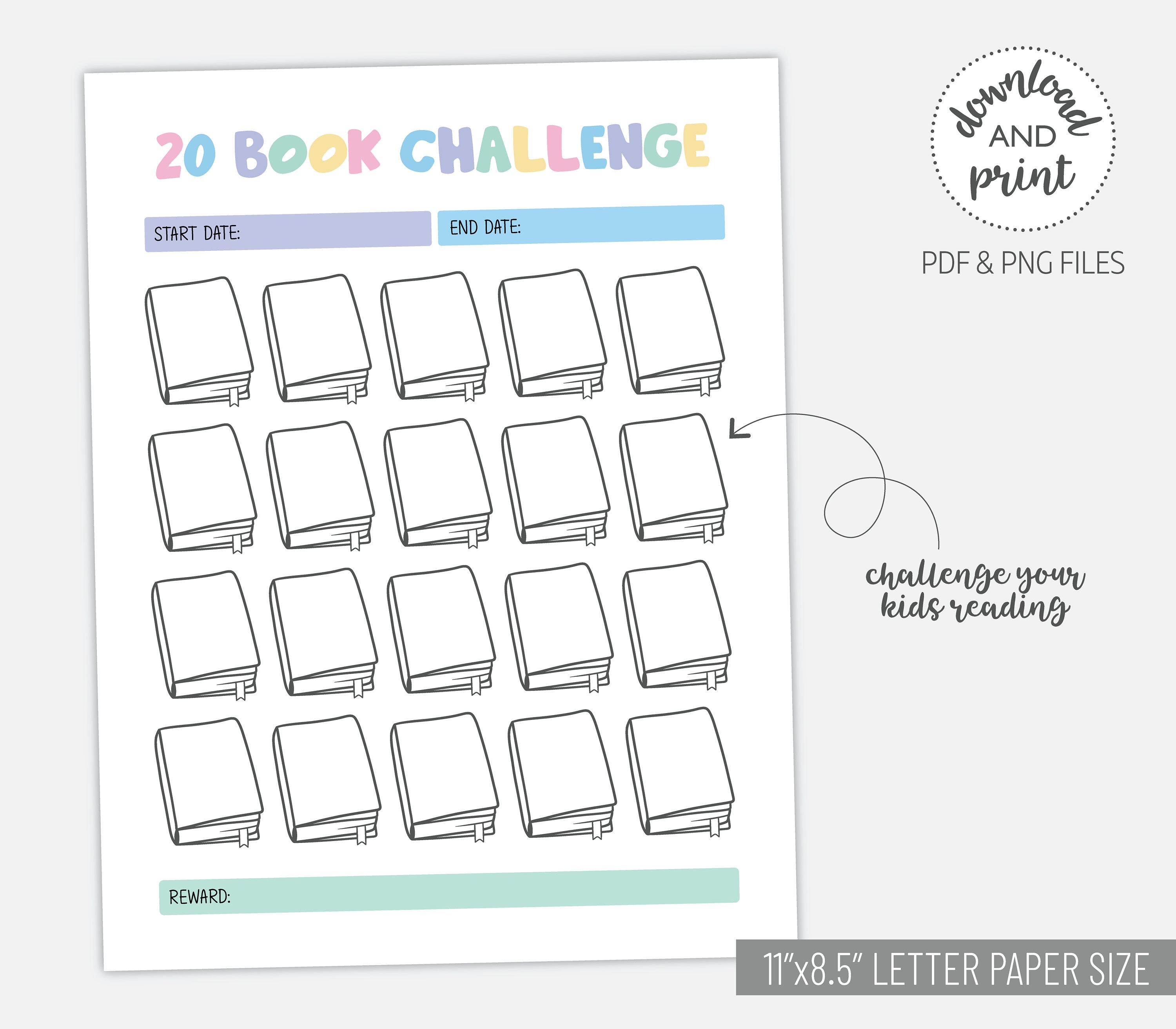 20 Book Reading Challenge for Kids DIGITAL | Reading Log | Challenge ...