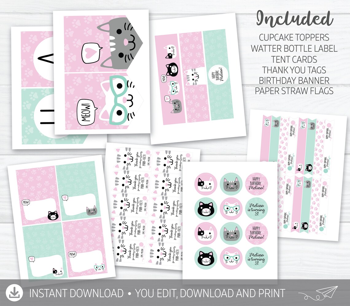 Kitten Birthday Party Kit DIGITAL Cat Party Bundle Set - Etsy