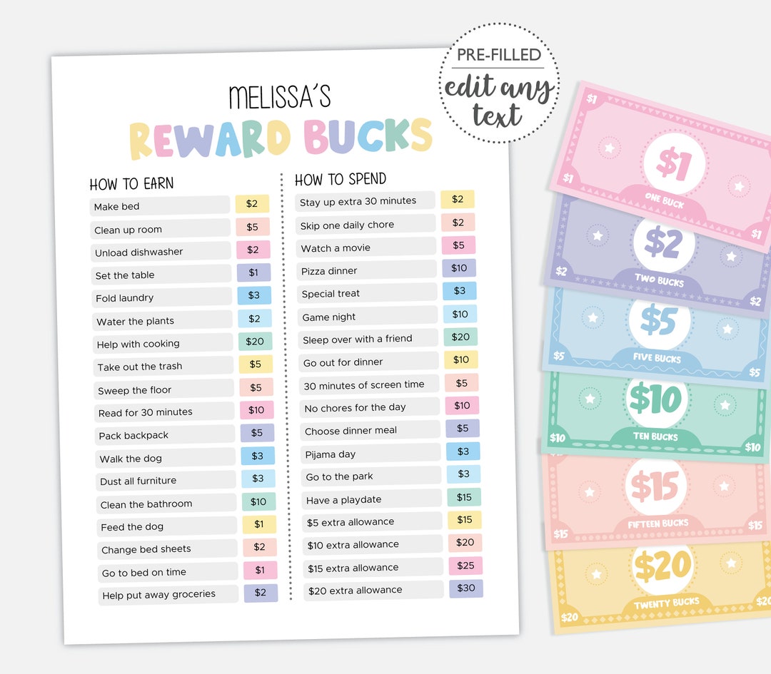 Reward Bucks for Kids DIGITAL | Reward System | Play Money | Chore ...