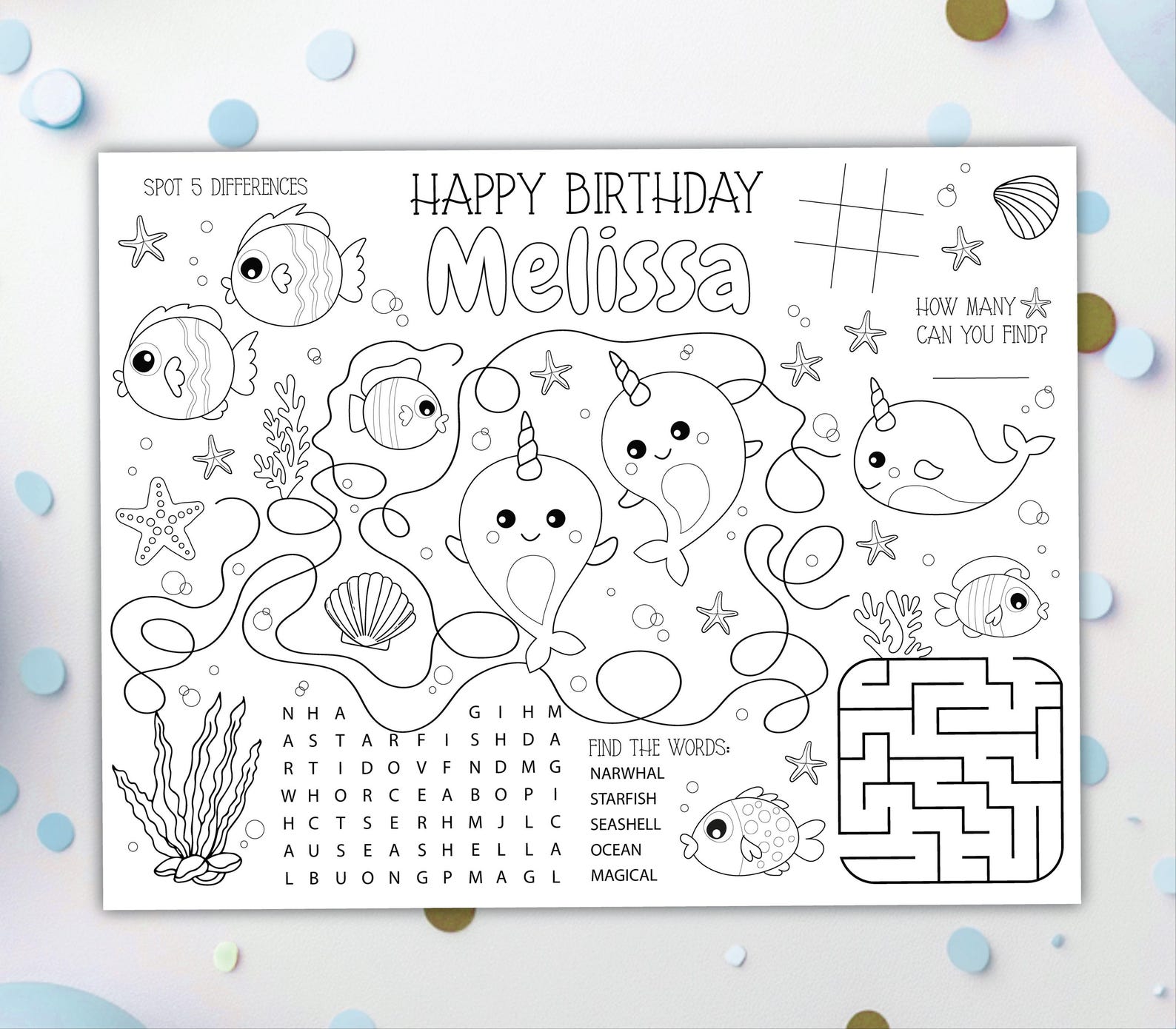 Narwhal Coloring Placemat DIGITAL | Sea Life Party Activity | Kids ...