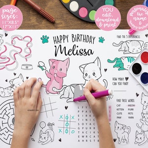 Kitten Coloring Placemat DIGITAL | Cat Party Activity | Kids Coloring ...