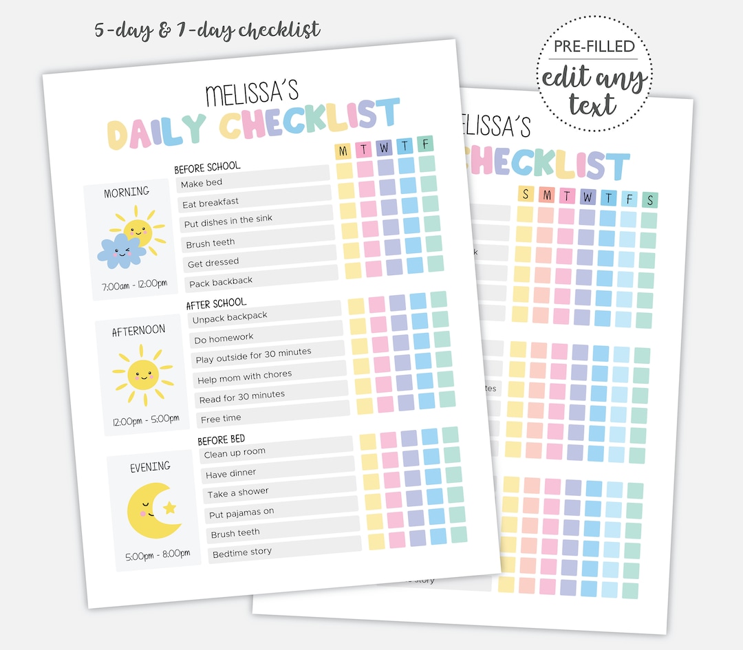 Daily Checklist for Kids DIGITAL | Kids Schedule | Daily Routine Chart ...