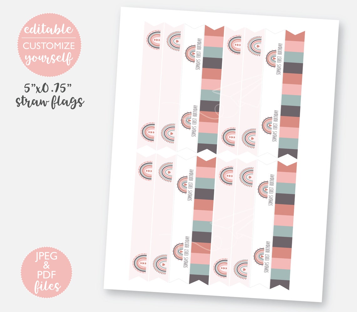 Boho Rainbow Birthday Straw Flags DIGITAL | Rainbow Party Paper Straw ...