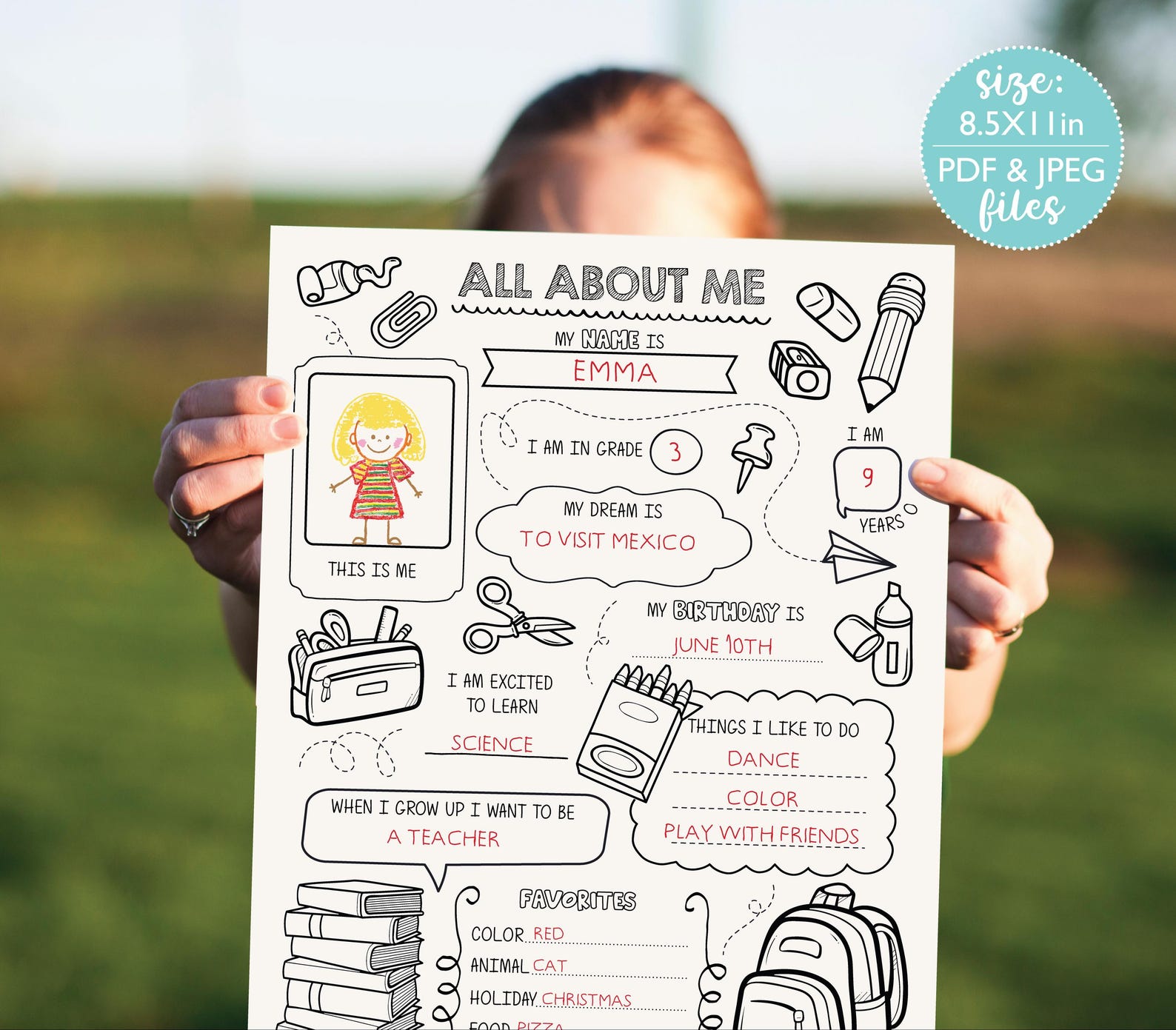 All About Me Coloring Page DIGITAL | Back to School Fill in Sheet ...
