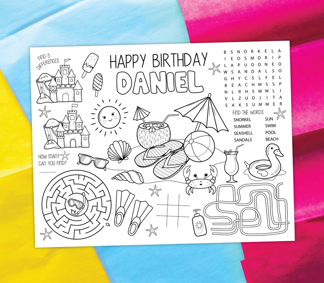 Summer Coloring Placemat DIGITAL | Pool Party Party Activity Sheet ...