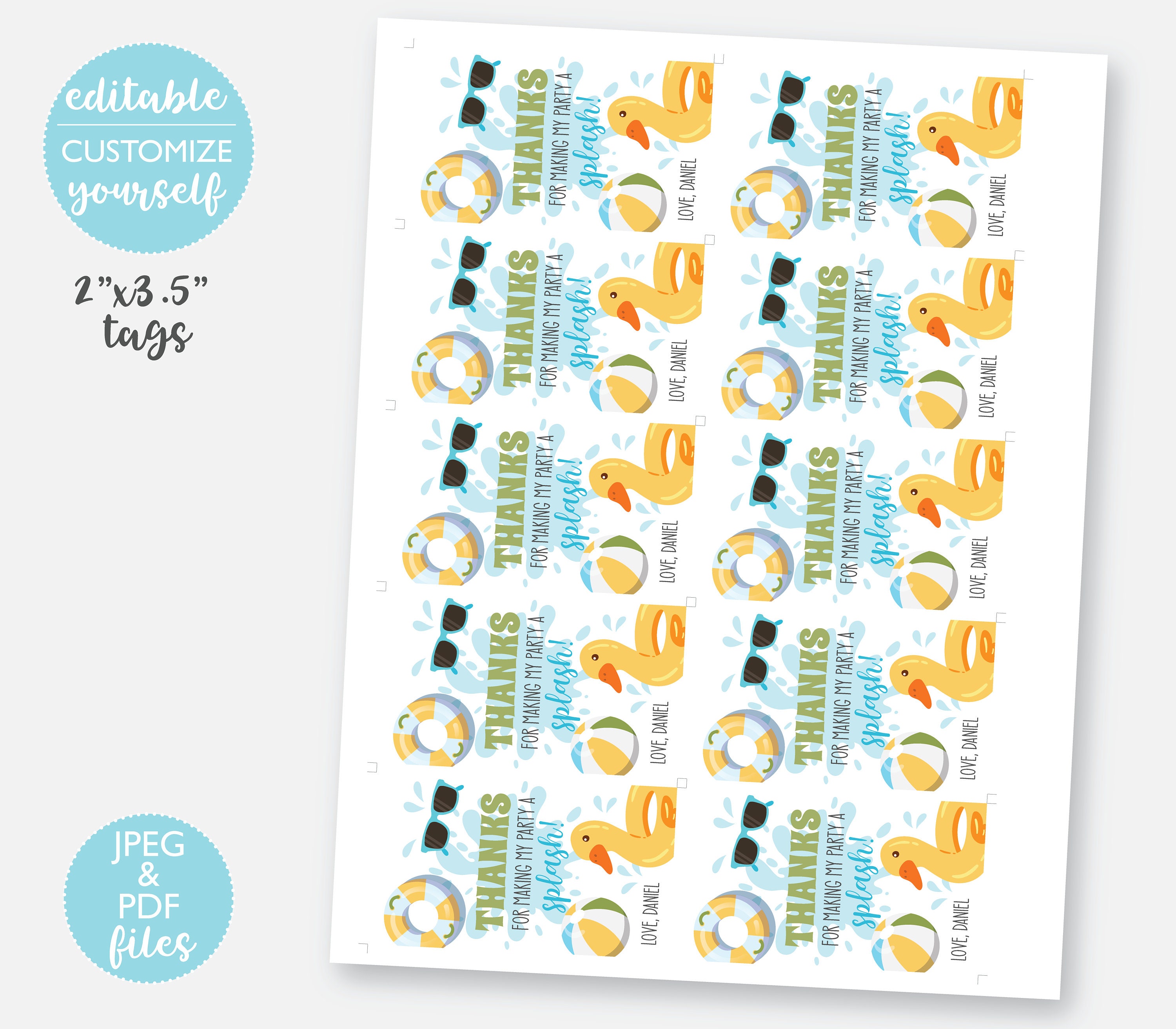 Pool Party Birthday Thank You Tag DIGITAL | Beach Summer Blue Favor Tag ...