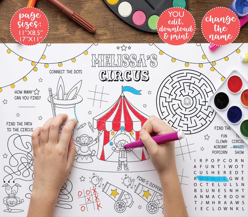 Circus Coloring Placemat DIGITAL | Carnival Party Table Activity | Kids ...