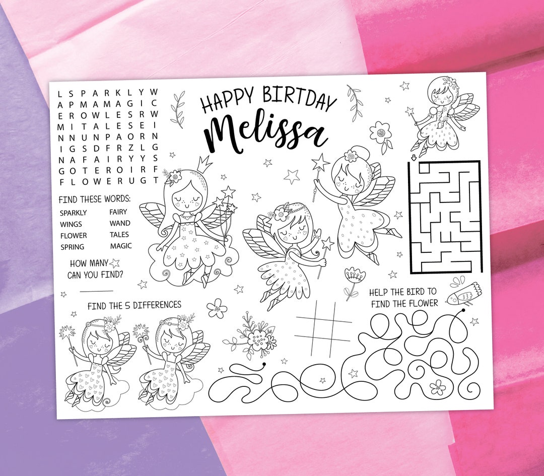 Fairy Coloring Placemat DIGITAL | Party Activity | Kids Coloring Page ...
