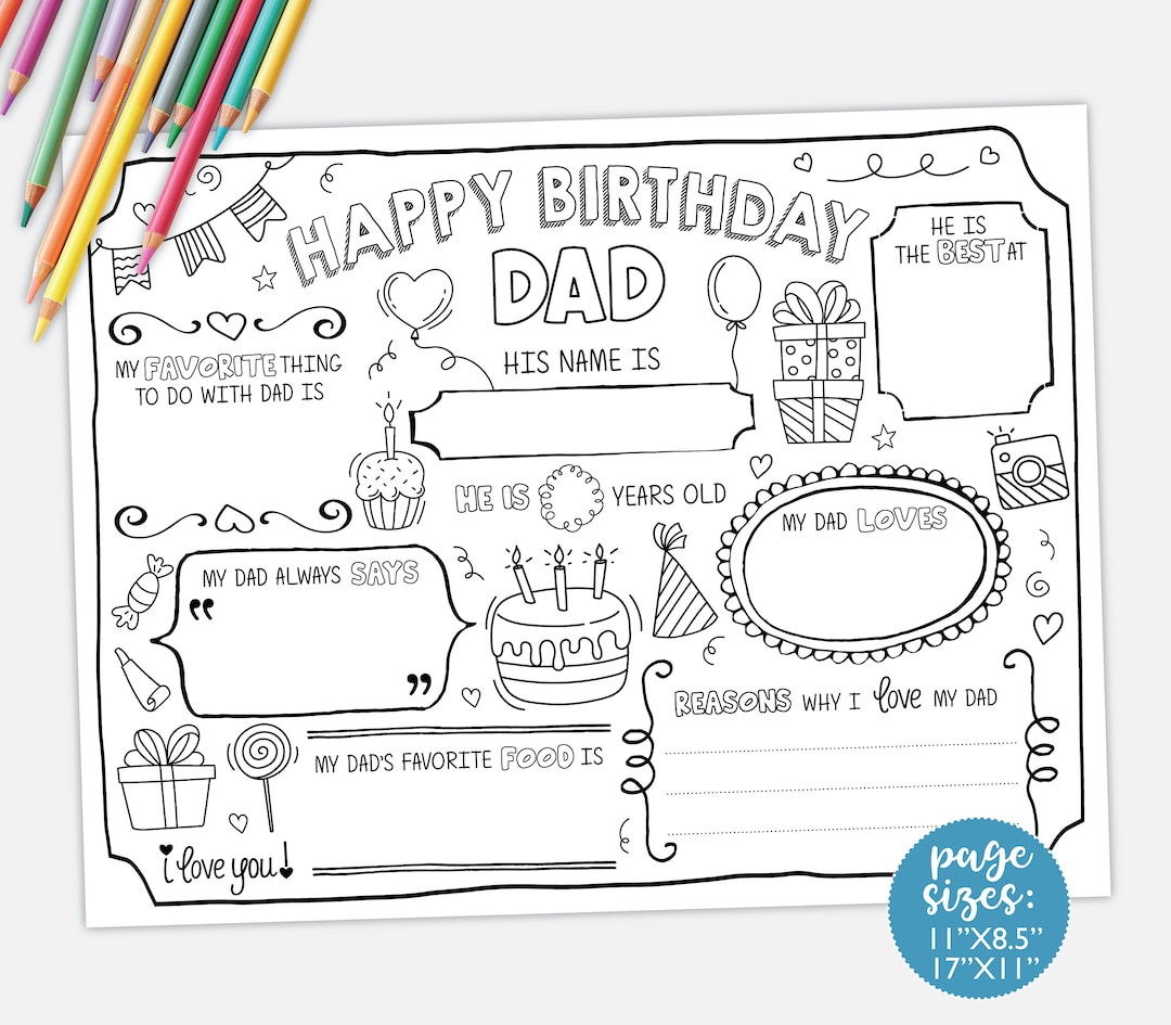Happy Birthday Dad Coloring Page DIGITAL | All About Dad Fill in Sheet ...