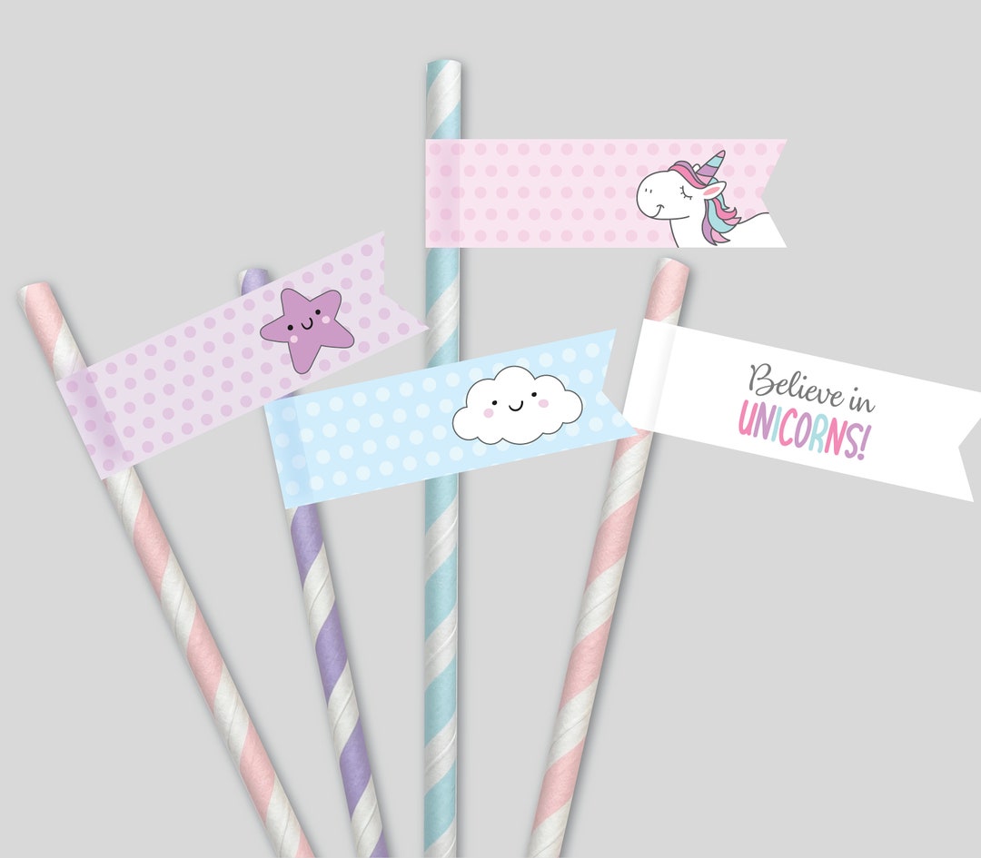 Unicorn Birthday Straw Flags DIGITAL | Unicorn Party Paper Straw Label ...