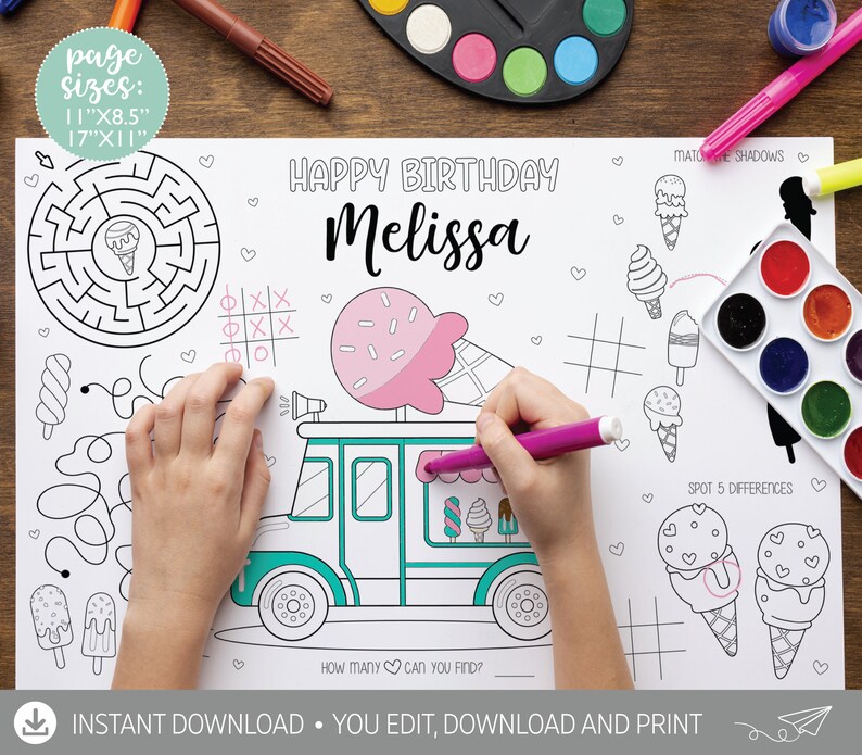 Ice Cream Truck Coloring Placemat DIGITAL Party Activity - Etsy