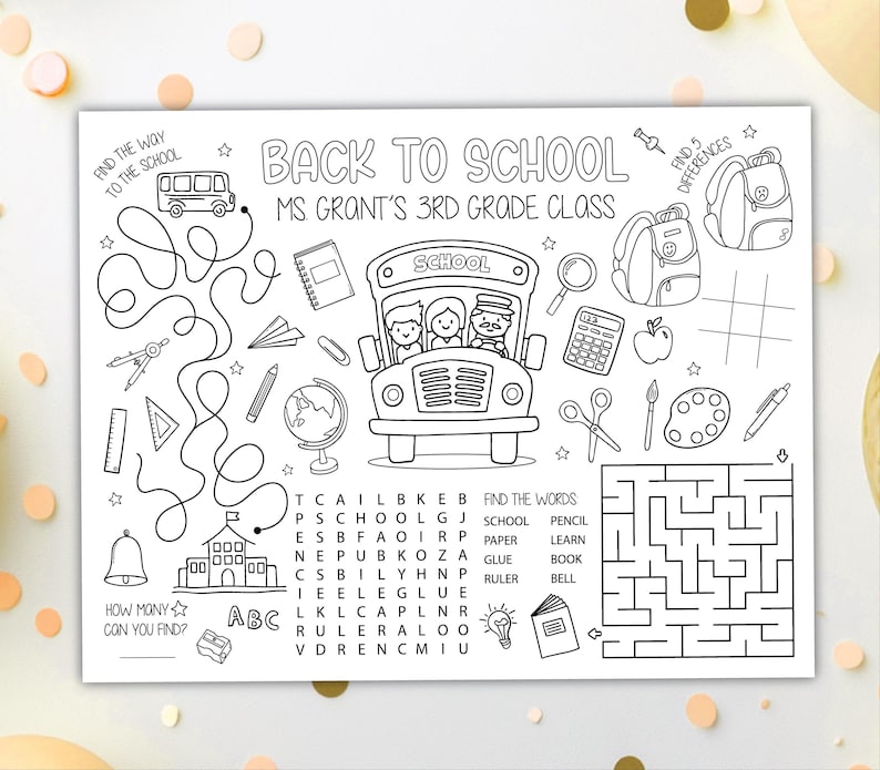 Back to School Coloring Placemat DIGITAL | First Day of School Activity ...