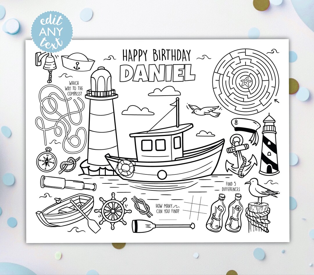 Nautical Coloring Placemat DIGITAL | Fish Party Activity Sheet | Boat ...