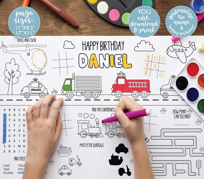 Transportation Coloring Placemat DIGITAL | Vehicle Party Activity | Kid ...