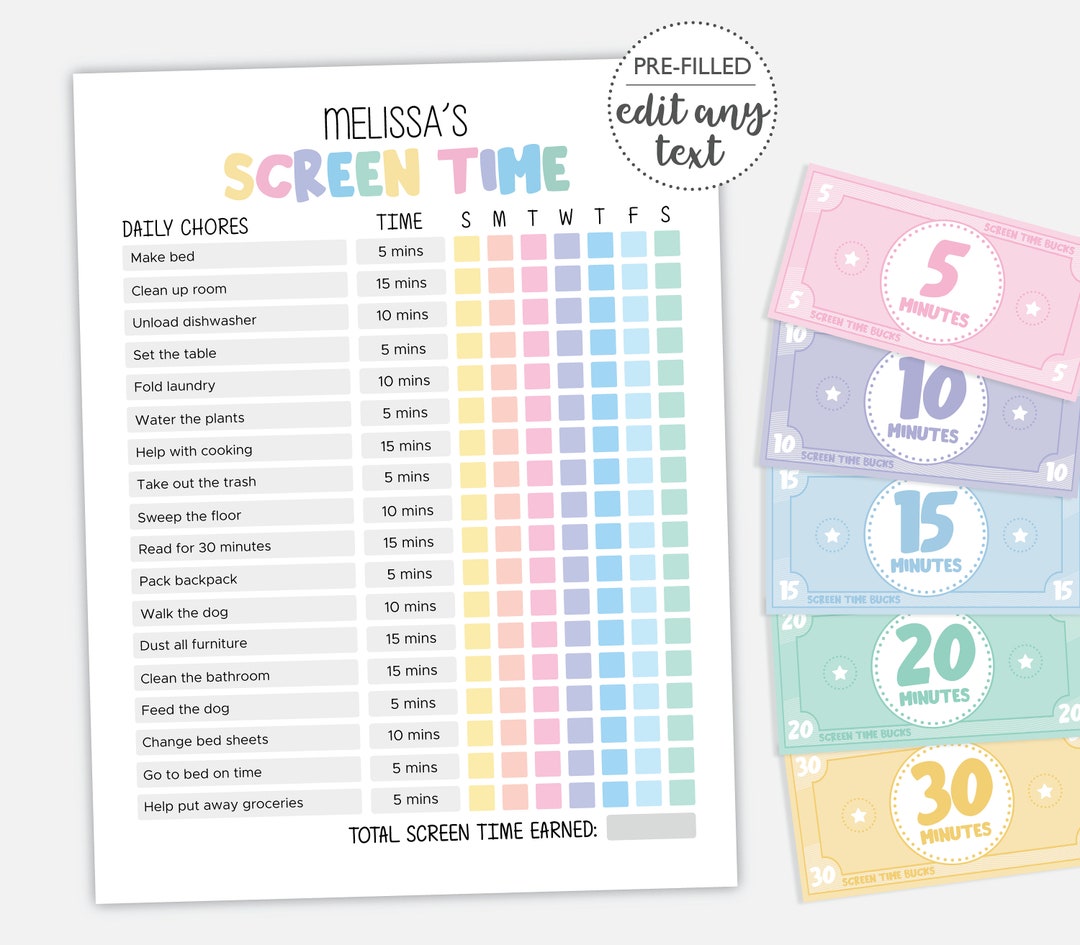 Screen Time Checklist DIGITAL | Kids Chart | How to Earn | Weekly Chore ...