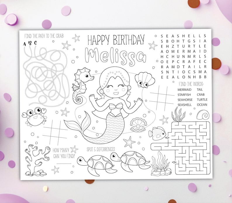 Mermaid Coloring Placemat DIGITAL | Sea Life Party Activity | Kids ...