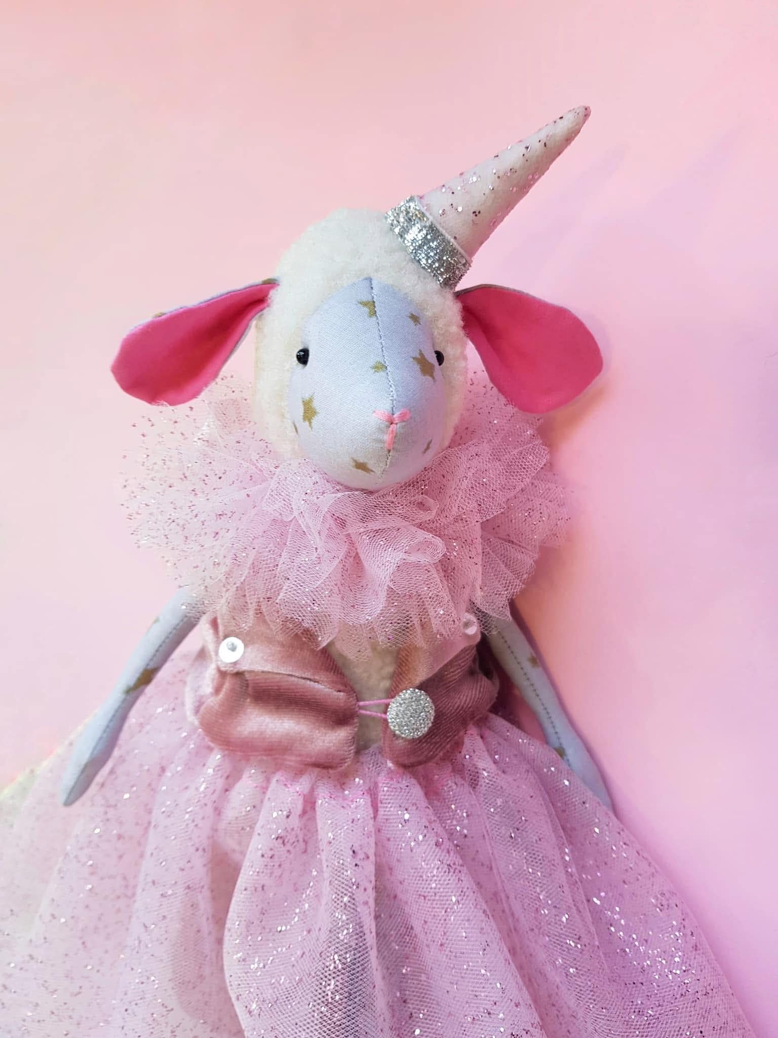 Circus Clown Lamb Rag Doll With Sparkly Pink Ruffled Collar & Dress ...